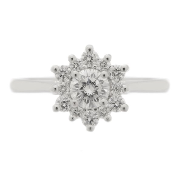 Snowflake round brilliant cut diamond halo cluster ring